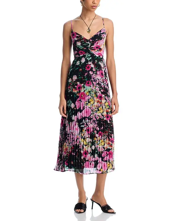 Steve Madden Ray Pleated Floral Chiffon Midi Dress - Black Multi