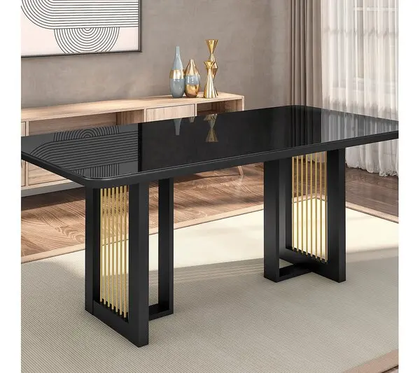 TECHNI HOME Modern Black Dining Table For 6 W/p Ainted Glass