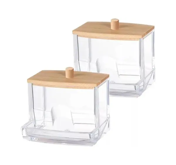ELLE Clear Cotton Swab Dispenser With Bamboo Lid-acrylic Qtips Dispenser