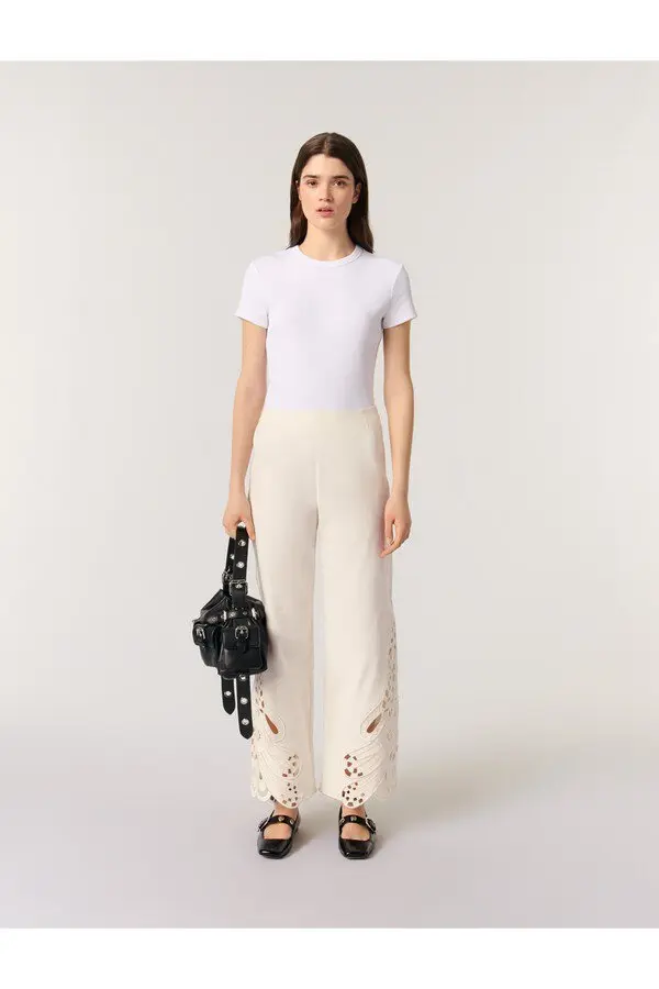 Maje Embroidered Wide-leg Trousers - Neutral / White