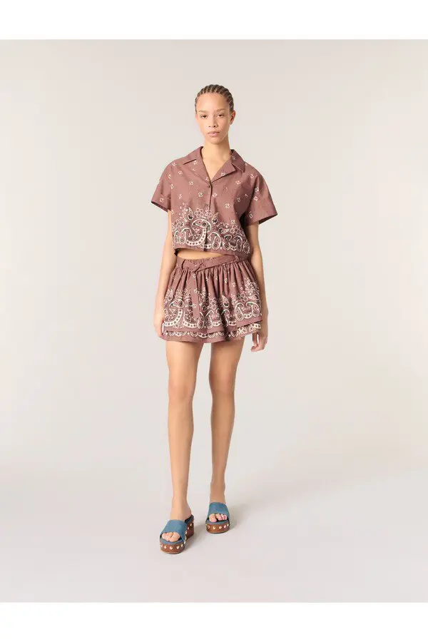 Maje Patterned Rhinestone Cropped Shirt - Brown