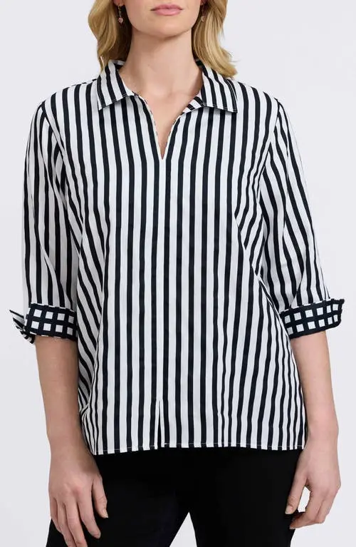 Foxcroft Agnes Stripe Cotton Popover Top - White/ Black