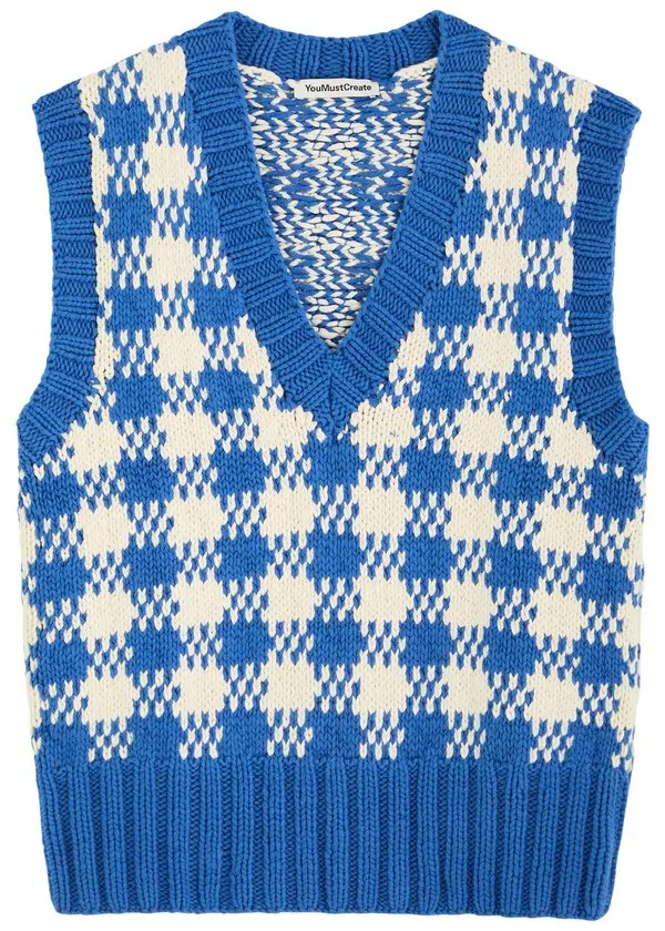You Must Create Heidi Checked Knitted Cotton Vest - Blue And White