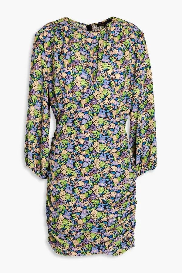 Maje Shirred Floral-print Crepe Mini Dress