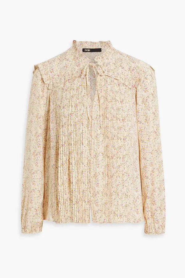 Maje Pleated Floral-print Satin Blouse