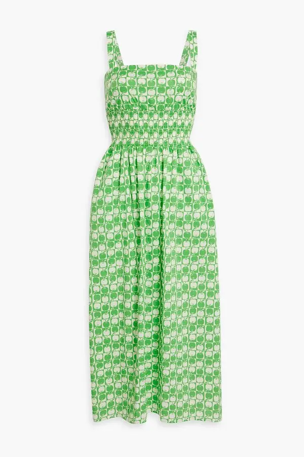 HVN Laura Shirred Printed Midi Dress - Green