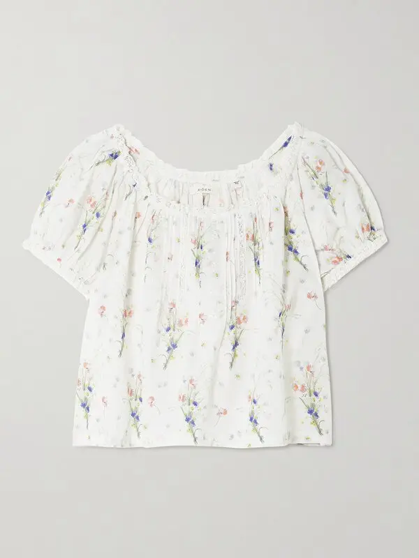 DÔEN Frederica Lace-trimmed Floral-print Organic Cotton-voile Blouse - White