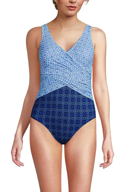LANDS' END Slendersuit Wrap One-piece Swimsuit - Navy/white Mosaic Mini Tile