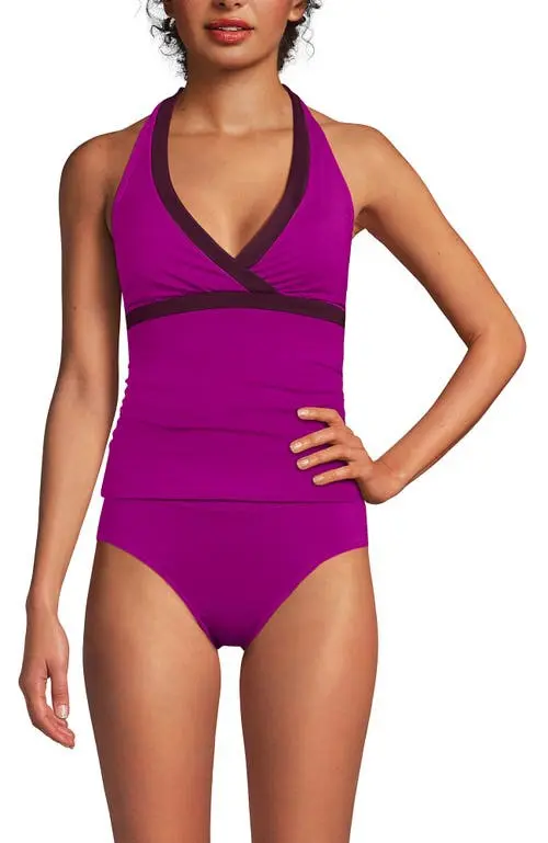 LANDS' END D-cup Chlorine Resistant V-neck Halter Tankini Swimsuit Top - Crimson Rose/dark Wine