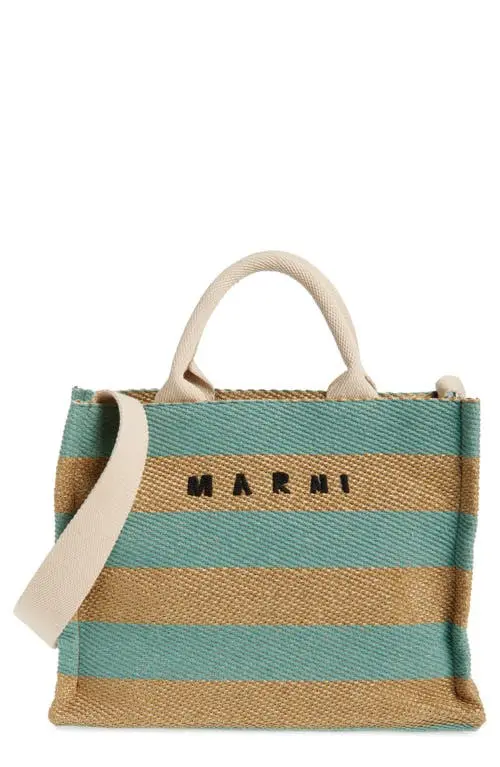 Marni Small Logo Stripe Woven Tote - Teal/ Blue