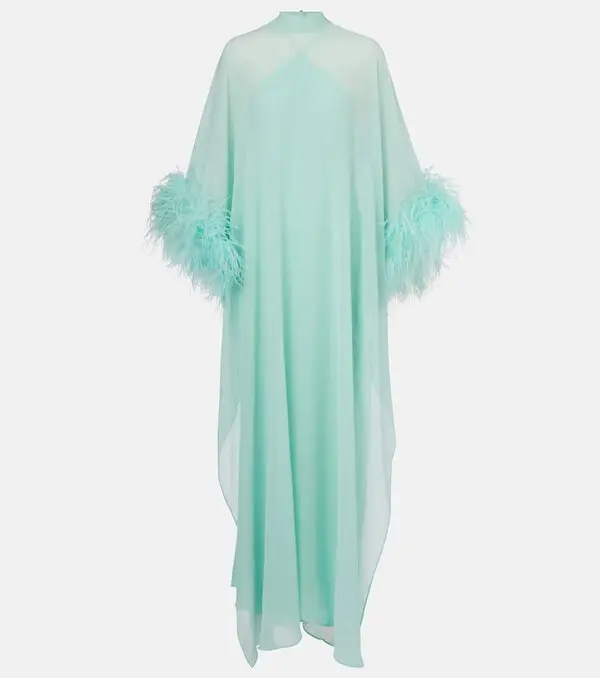 TALLER MARMO Penelope Feather-trimmed Silk Kaftan - Blue