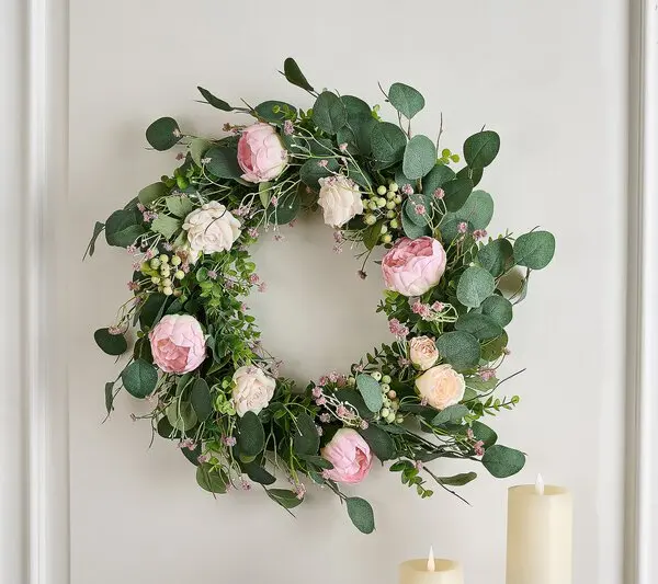 VALERIE PARR HILL As Is 22' Peony, Rose And Berry Wreath Valerie