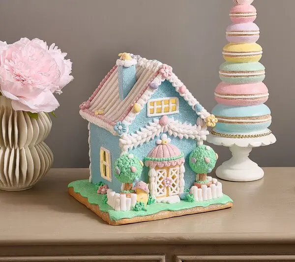 VALERIE PARR HILL As Is Illuminated Gingerbread Easter House W/ Chick- Valerie