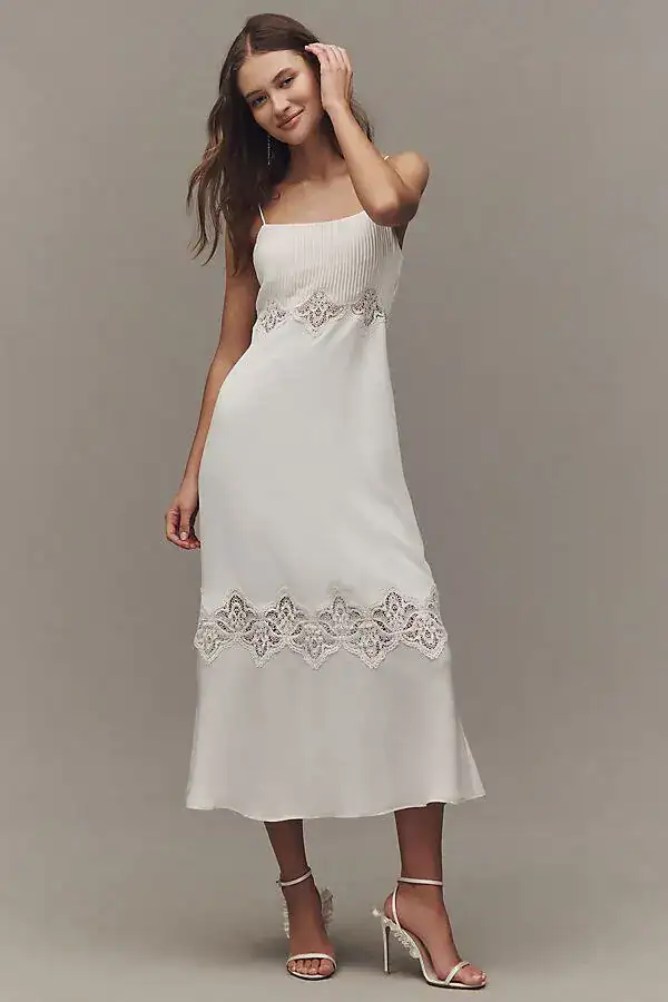 knee length dresses for ladies Self-Portrait - White Linen Lace Insert Midi Dress main image 0