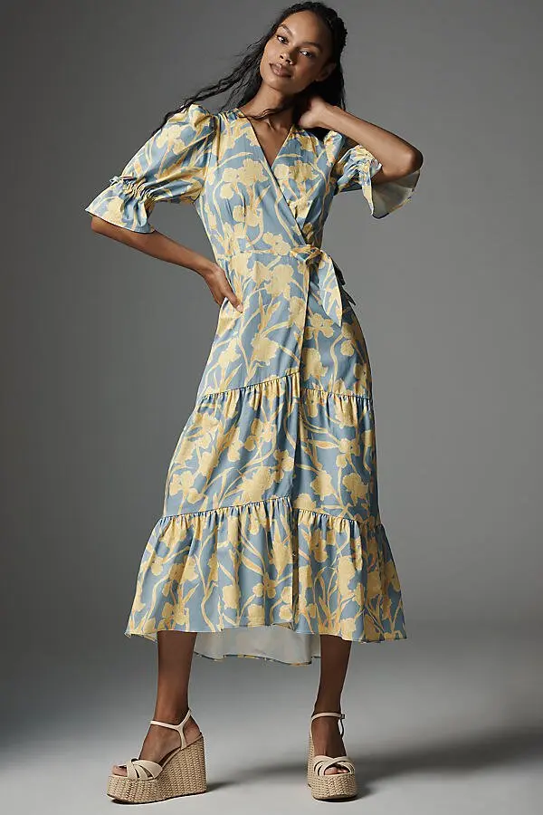 HUTCH Puff-sleeve Wrap Midi Dress