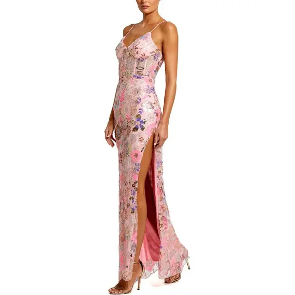 Mac Duggal Hand-embellished Bustier Gown With Slit - Pink Multi