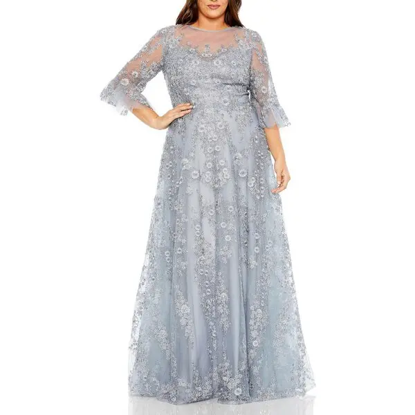 Mac Duggal High Neck Embroidered A-line Gown - Platinum