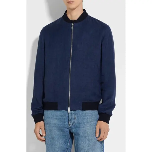 Zegna Linen Twill Bomber Jacket - Navy Solid