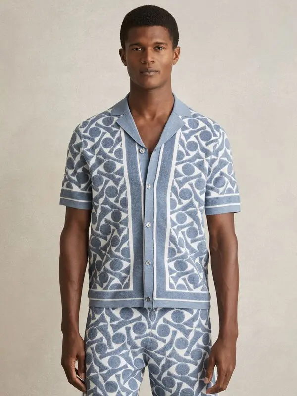 REISS Edmonds Abstract Pattern Towelling Shirt - Soft Blue/white