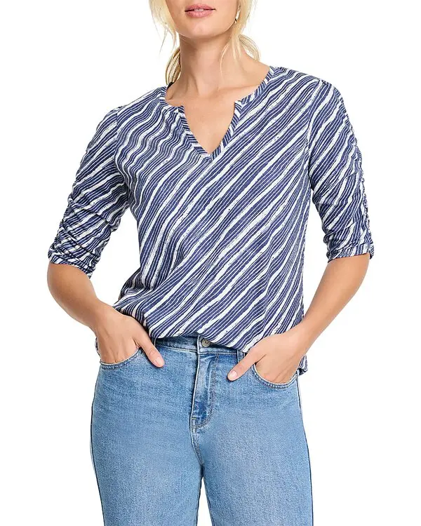NIC+ZOE Mixed Stripe Ruched Sleeve Top - Indigo Multi