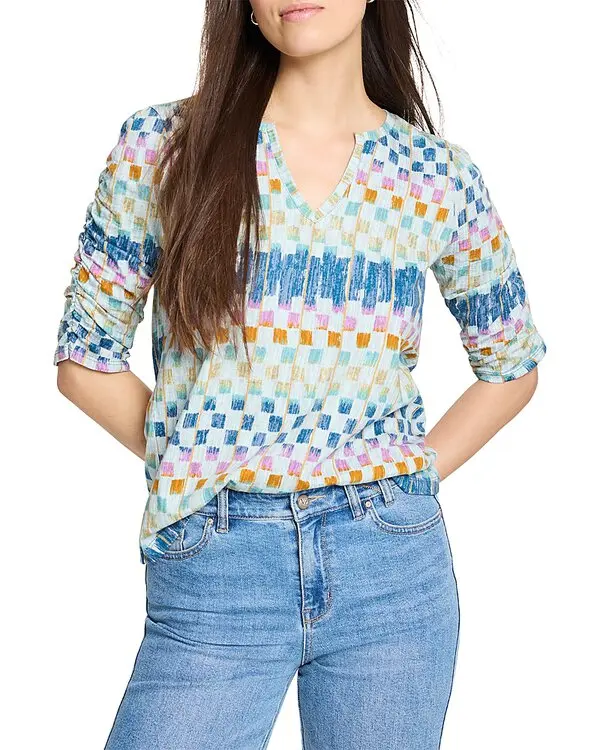 NIC+ZOE Painted Blocked Ruched Sleeve Top - Blue Multi