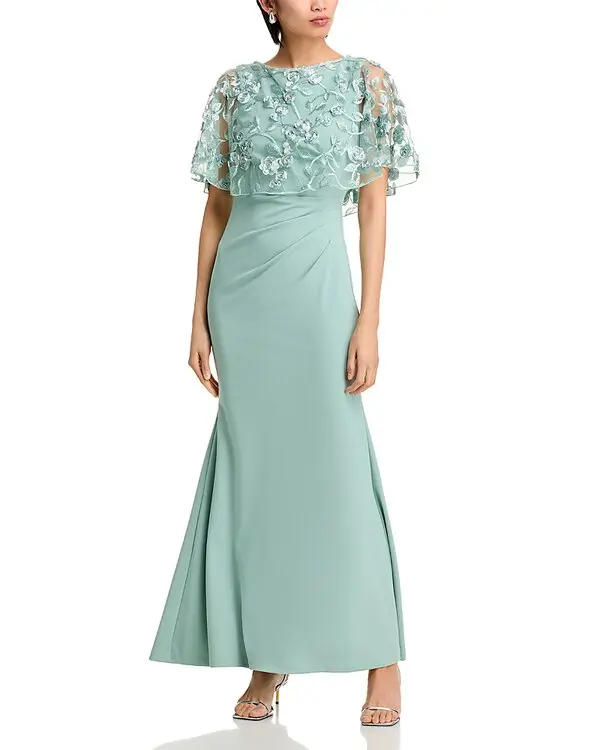 Eliza J Embroidered Cape Overlay Gown