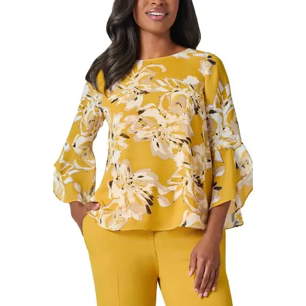 KASPER Floral Print Ruffle Sleeve Top - Butterscotch Multi