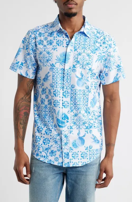 MAVRANS Tropical Print Short Sleeve Performance Button-up Shirt - Blue Multi