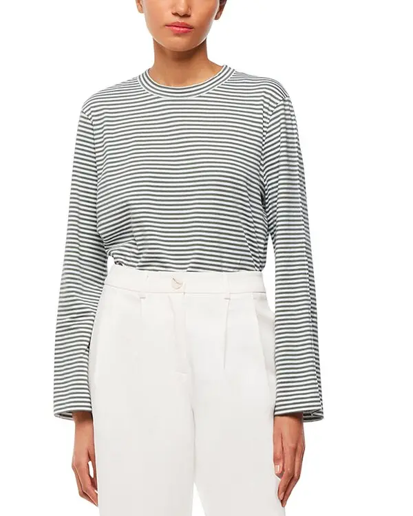 Whistles Striped Long Sleeve Crop Tee - Khaki Multi