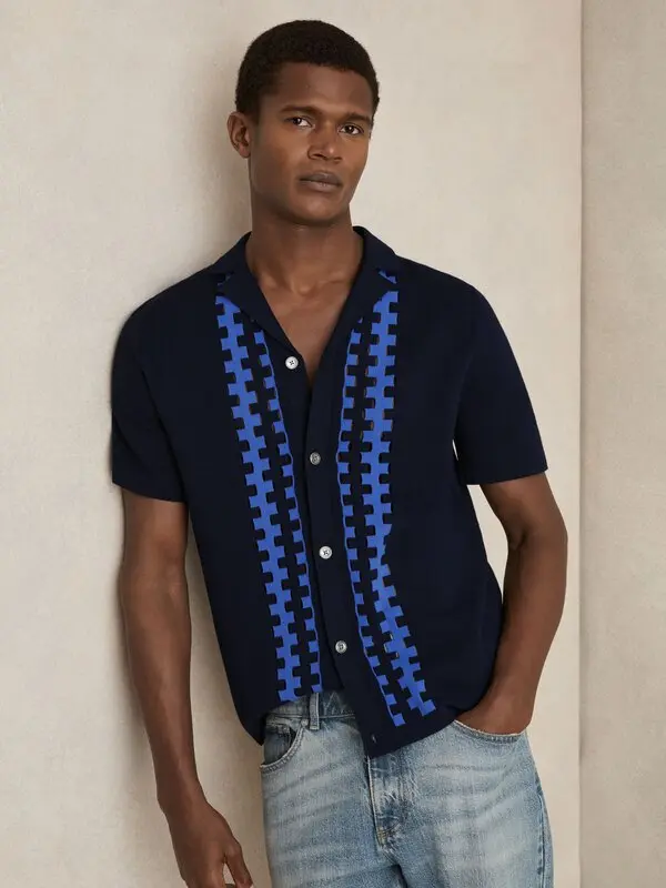 REISS Addington Geometric Cuban-collar Knit Shirt - Navy/blue