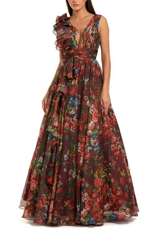 Mac Duggal Floral Print Organza Ball Gown With Ruffle Shoulder - Wine Multi
