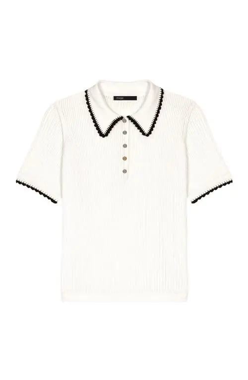 Maje Pointelle Knit Crochet Polo Shirt - White / Black