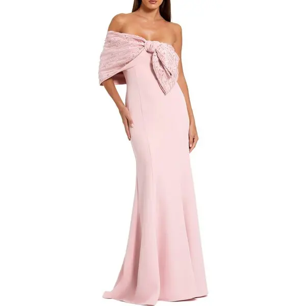 Mac Duggal Off-the-shoulder Satin Mermaid Gown With Beaded Bow