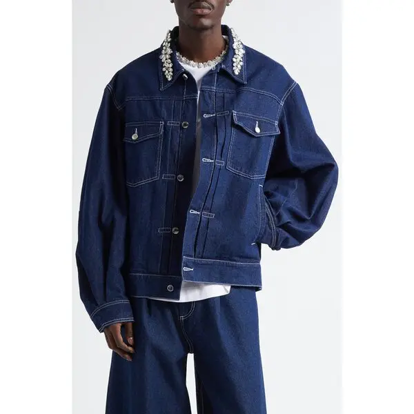 Simone Rocha Crystal Embellished Puff Sleeve Denim Trucker Jacket