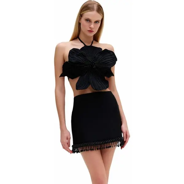 PatBO Hand-beaded Flower Halter Top - Black