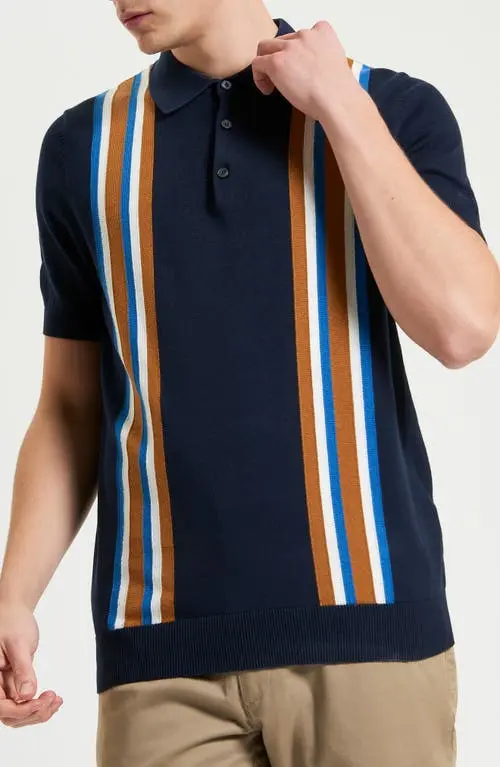 Ben Sherman Vertical Stripe Organic Cotton Polo Sweater - Dark Navy