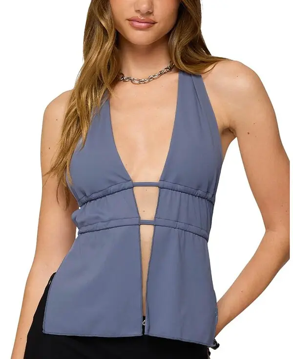 EDIKTED Nikole Split Front Backless Halter Top - Blue