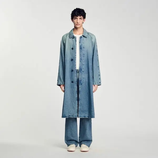 Sandro Long Faded Denim Coat - Blue Vintage - Denim