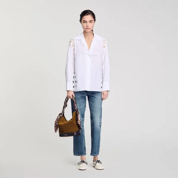 Sandro Poplin Shirt With Lace Trim