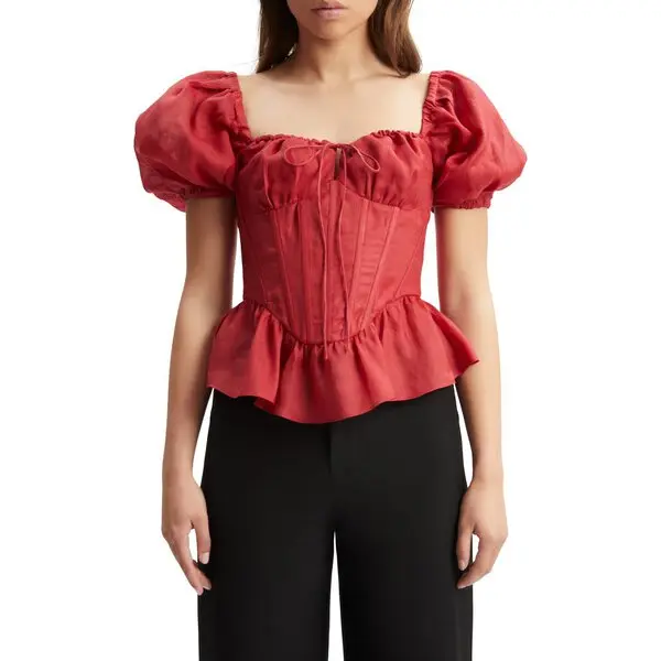Bardot Esra Puff Sleeve Ramie Corset Top - Fire Red
