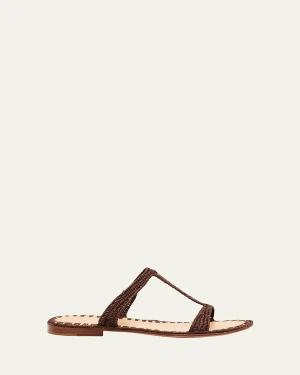 Carrie Forbes Tume Raffia T-strap Slide Sandals - Marron