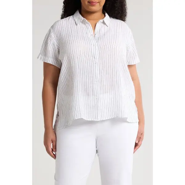 Eileen Fisher Stripe Organic Linen Button-up Shirt