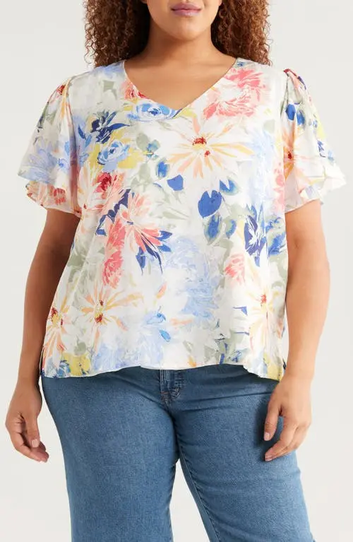 Vince Camuto Floral Tulip Sleeve Top - Ultra White