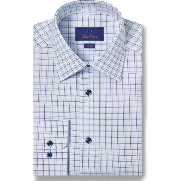 David Donahue Trim Fit Twill Dobby Check Dress Shirt - White/ Blue
