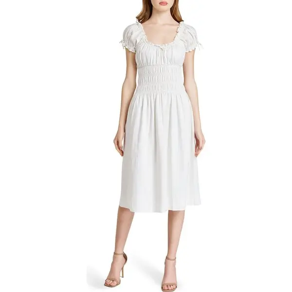 WAYF Adelina Shirred Linen-blend Midi Dress