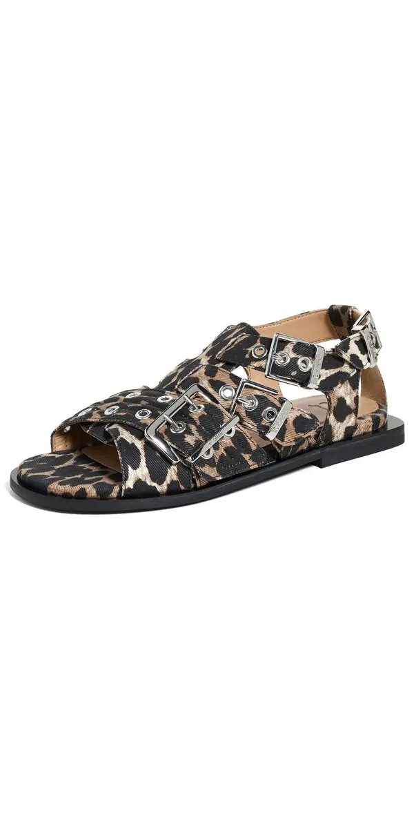 GANNI Buckle Flat Strap Sandals - Leopard
