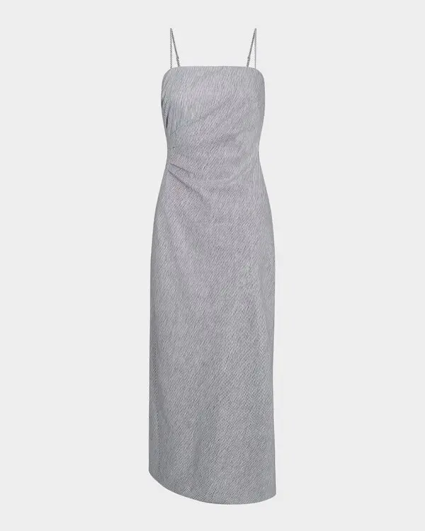 Vince Ticking Stripe Draped Strapless Midi Dress