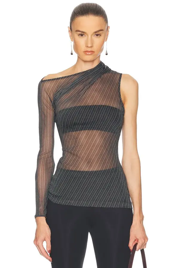 COURREGES One Shoulder Striped Mesh Top - Black & Ruby