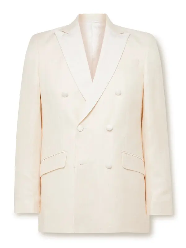 FAVOURBROOK Double-breasted Herringbone Linen And Silk-blend Tuxedo Jacket - Neutrals