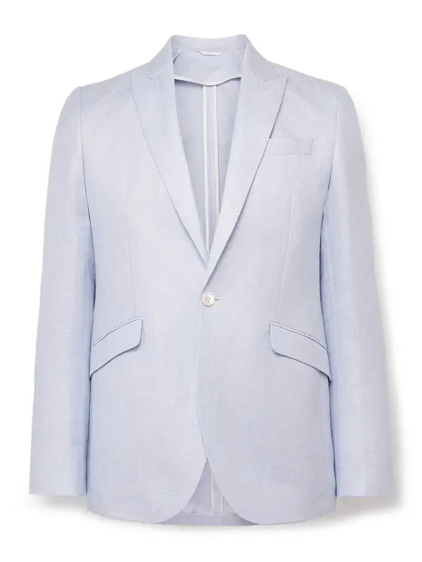 FAVOURBROOK Slim-fit Herringbone Linen And Silk-blend Suit Jacket - Blue